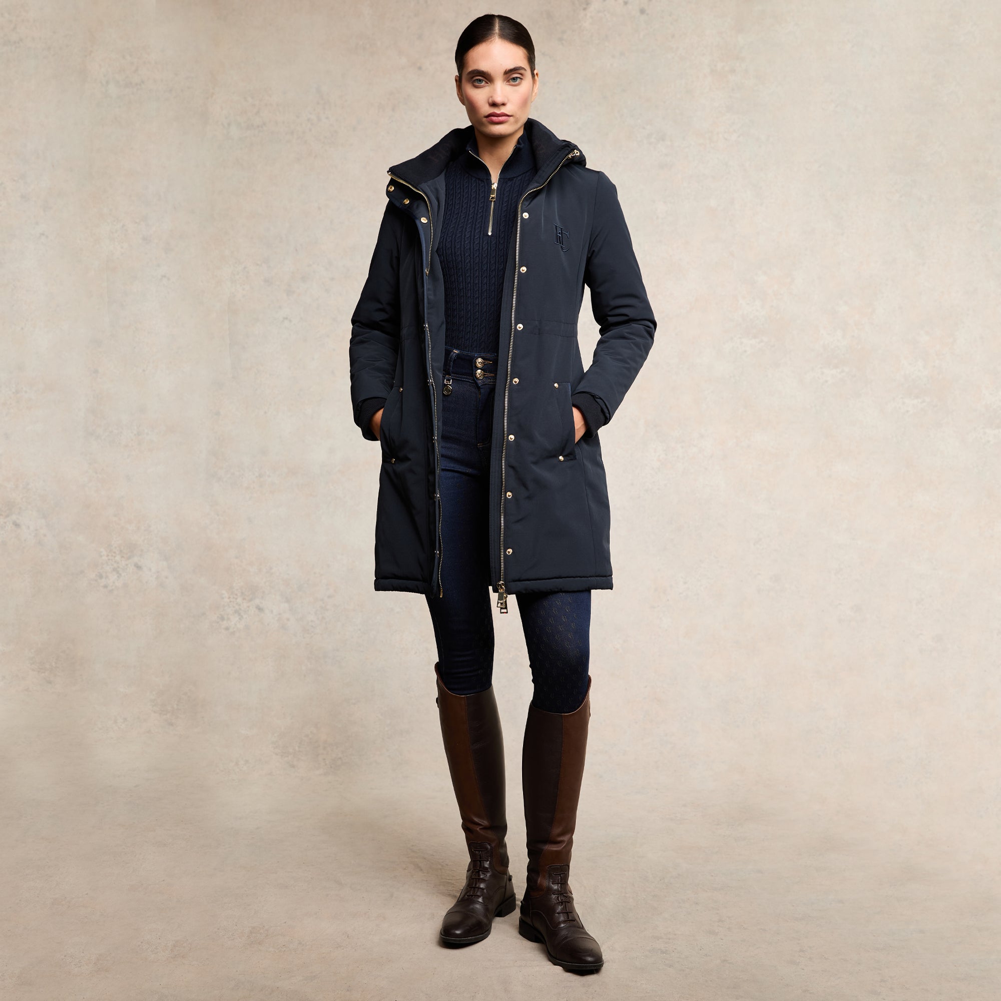 Holland Cooper Ladies Team Waterproof Coat - Ink Navy Mono | Millbry Hill